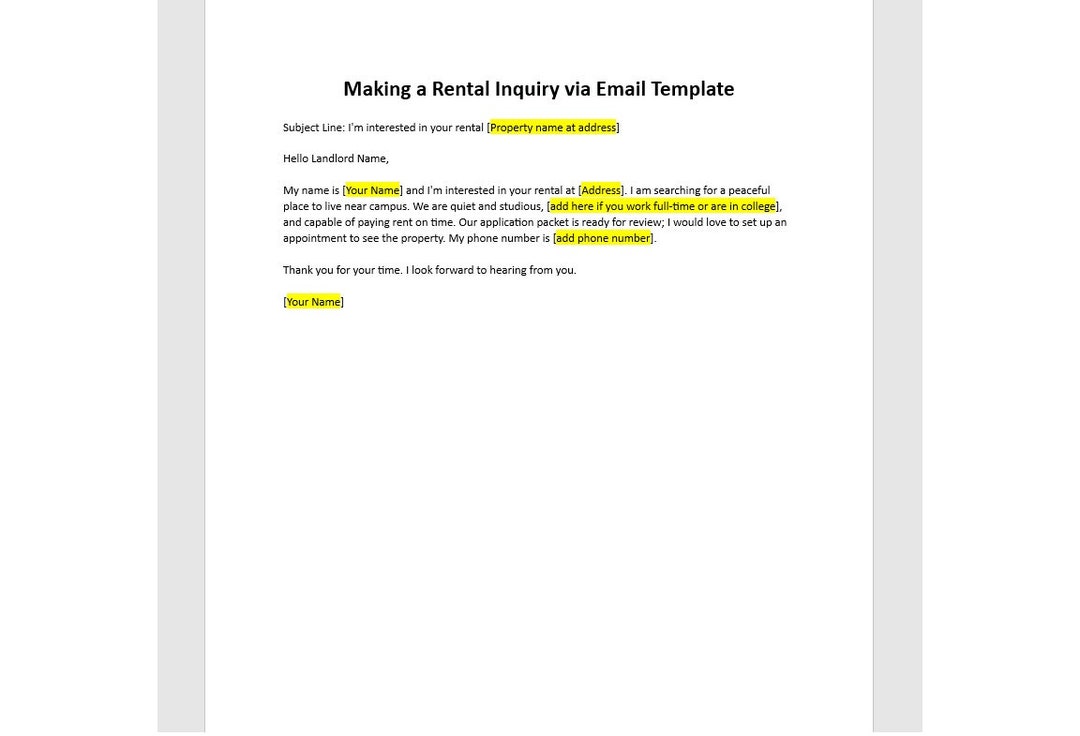 Editable Rental Inquiry via Email Template, Rental Inquiry via Email ...