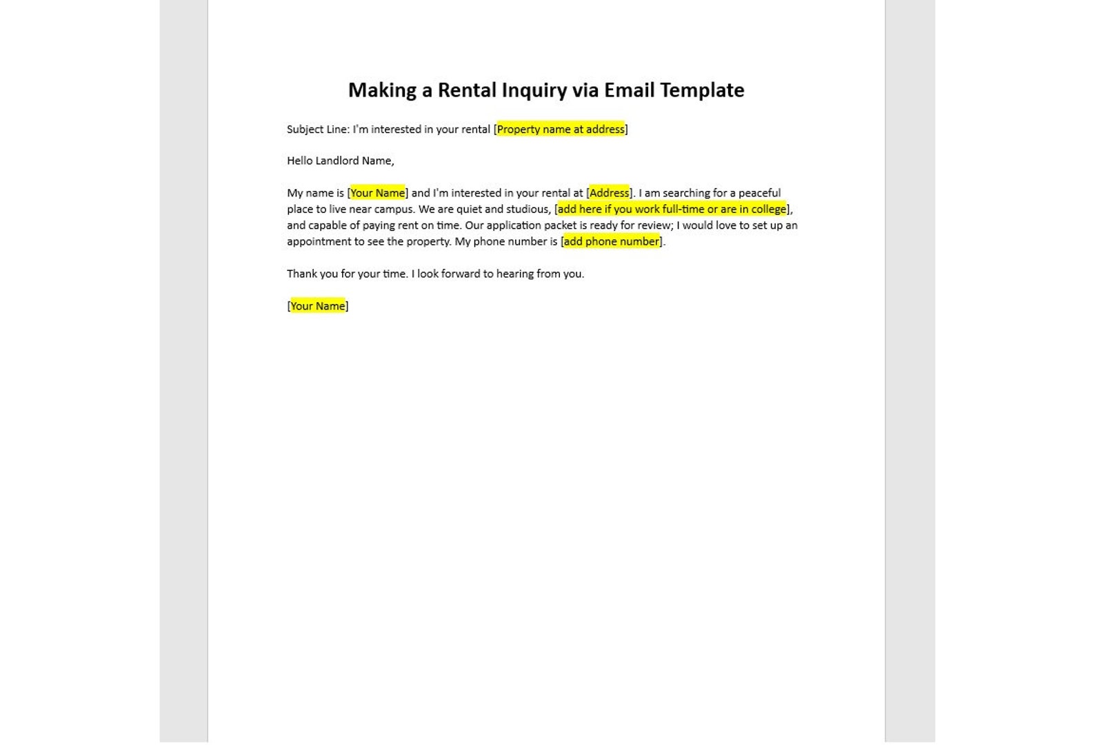 Editable Rental Inquiry via Email Template, Rental Inquiry via Email ...