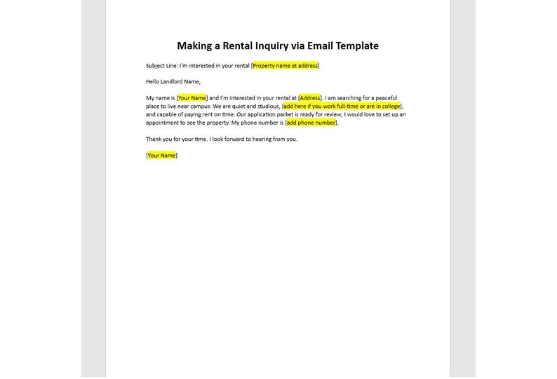 Editable Rental Inquiry via Email Template, Rental Inquiry via Email ...