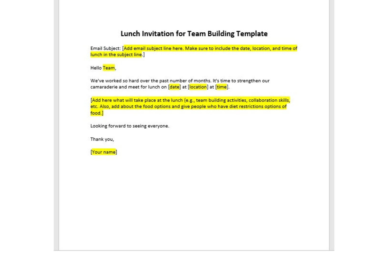 Editable Email, Lunch Invitation for Team Building Template, Team ...