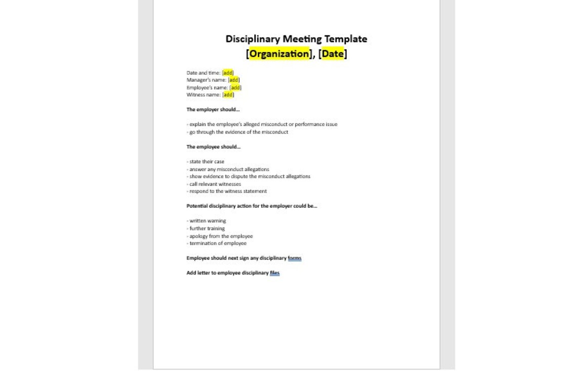 Editable Disciplinary Meeting Template, Disciplinary Template, Meeting ...