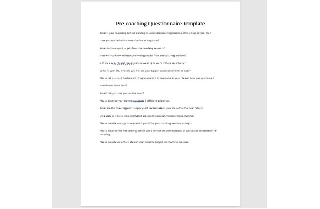 Editable Pre-coaching Questionnaire Template, Pre-coaching ...