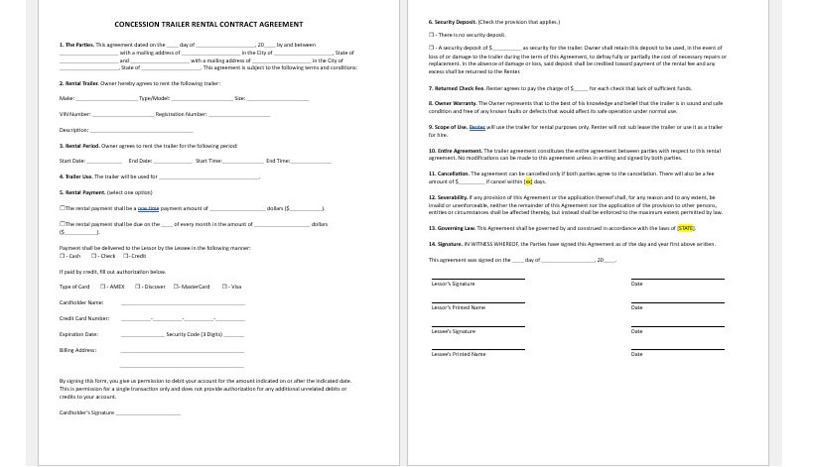 Concession Trailer Rental Contract Agreement, Concession Trailer Rental ...