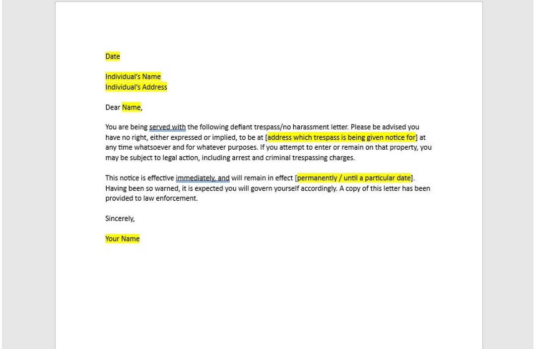 Editable No Trespassing Order Letter Template No Trespassing Order