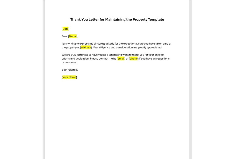 Thank You Letter for Maintaining the Property Template, Maintaining the ...