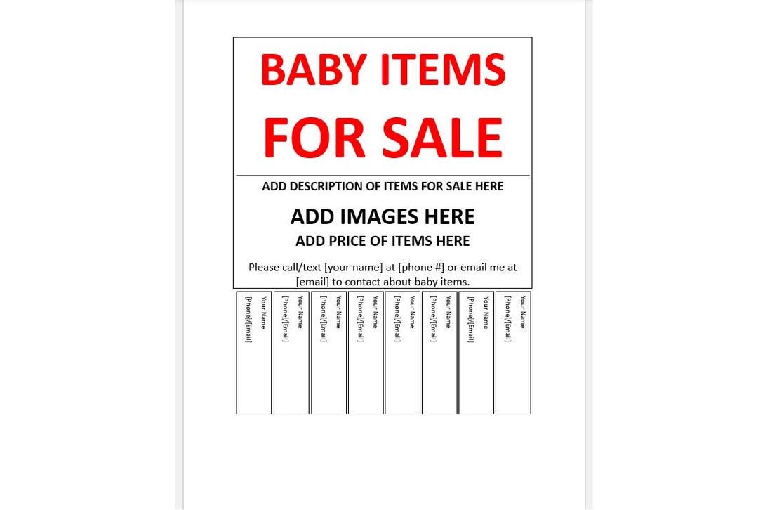 Editable Baby Items for Sale Tear-off Flyer, Tear-off Flyer Template ...