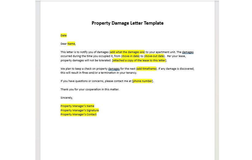 Tenant Property Damage Letter Template, Property Damage Letter, Letter ...