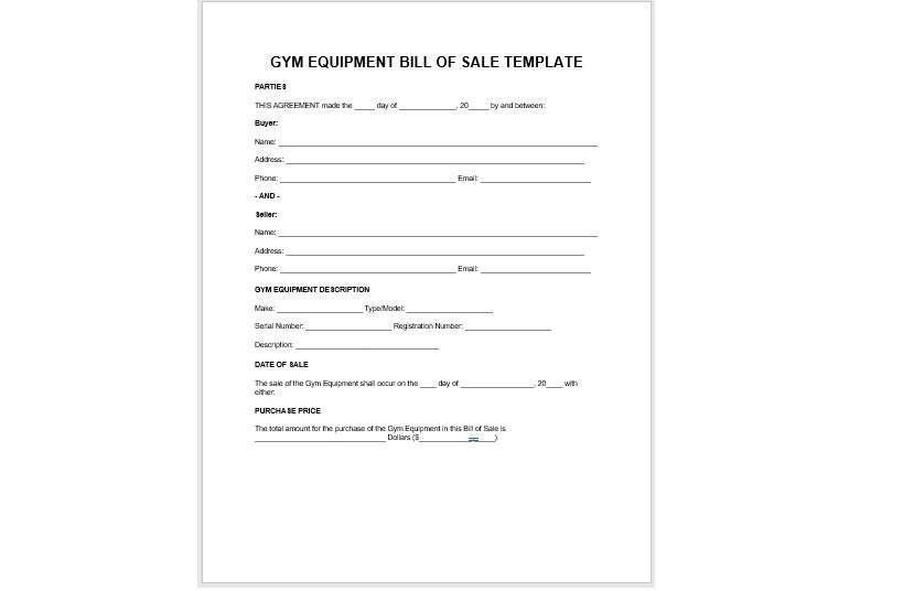 Editable Gym Equipment Bill of Sale Template, Editable Bill of Sale ...