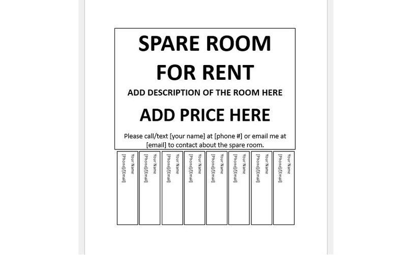 Editable Spare Room for Rent Tear-off Flyer, Tear-off Flyer Template ...