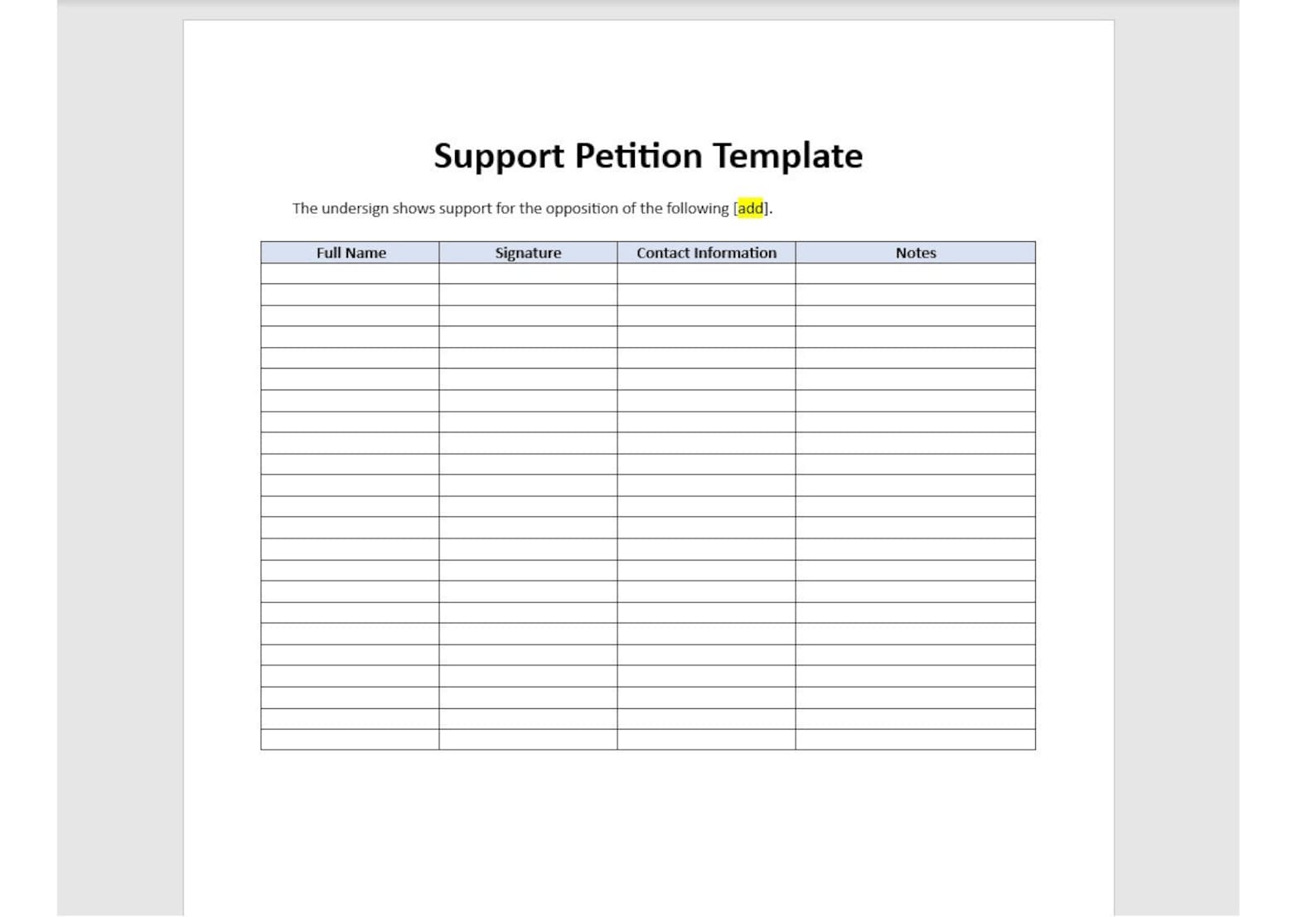 Editable Support Petition, Support Petition Template, Petition Template ...