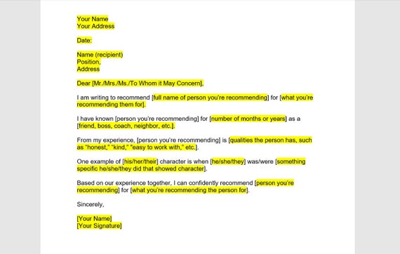 Personal Reference Letter Template Word