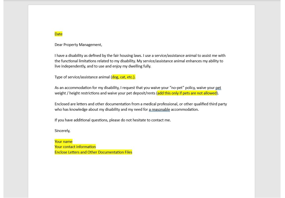 Editable Sample Letter for Companion Animal, Emotional Support Animal ...