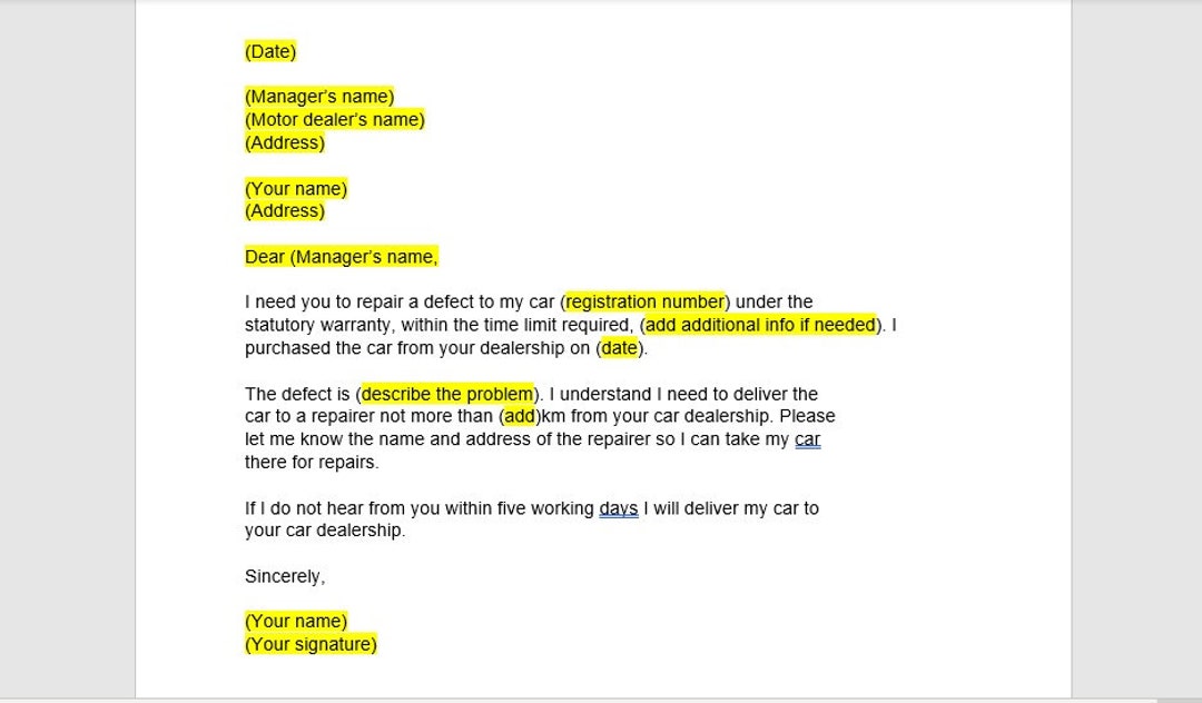 Notice to Fix Car Defect Under Statutory Warranty Letter, Notice to Fix ...