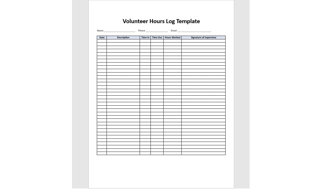 Volunteer Hours Log Template, Hours Log, Hours Log Template, Volunteer ...