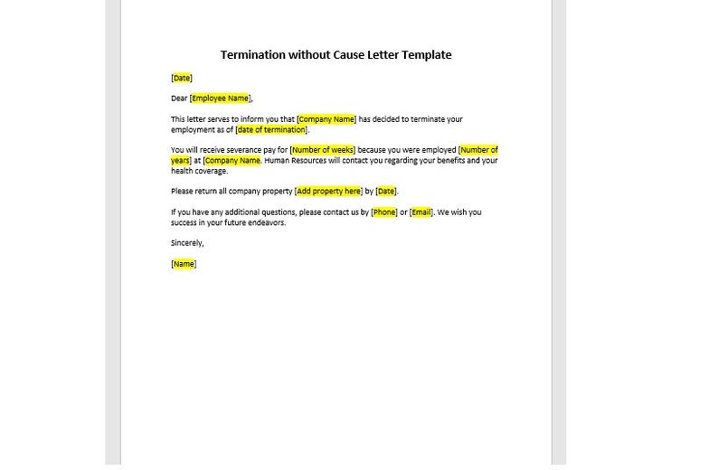 Termination Without Cause Letter Template, Termination Letter ...