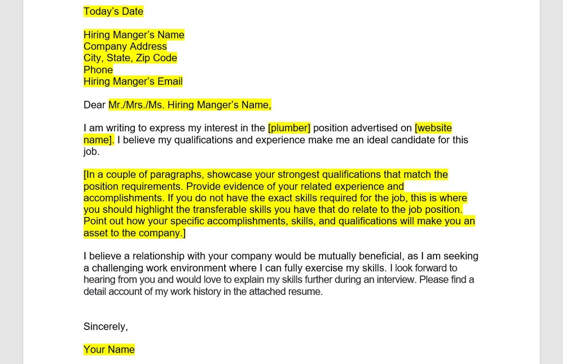 Plumber Cover Letter, Plumber, Cover Letter Template, Editable Cover ...