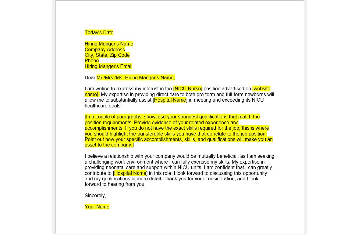 NICU Nurse Cover Letter, Cover Letter Template, Editable Cover Letter ...