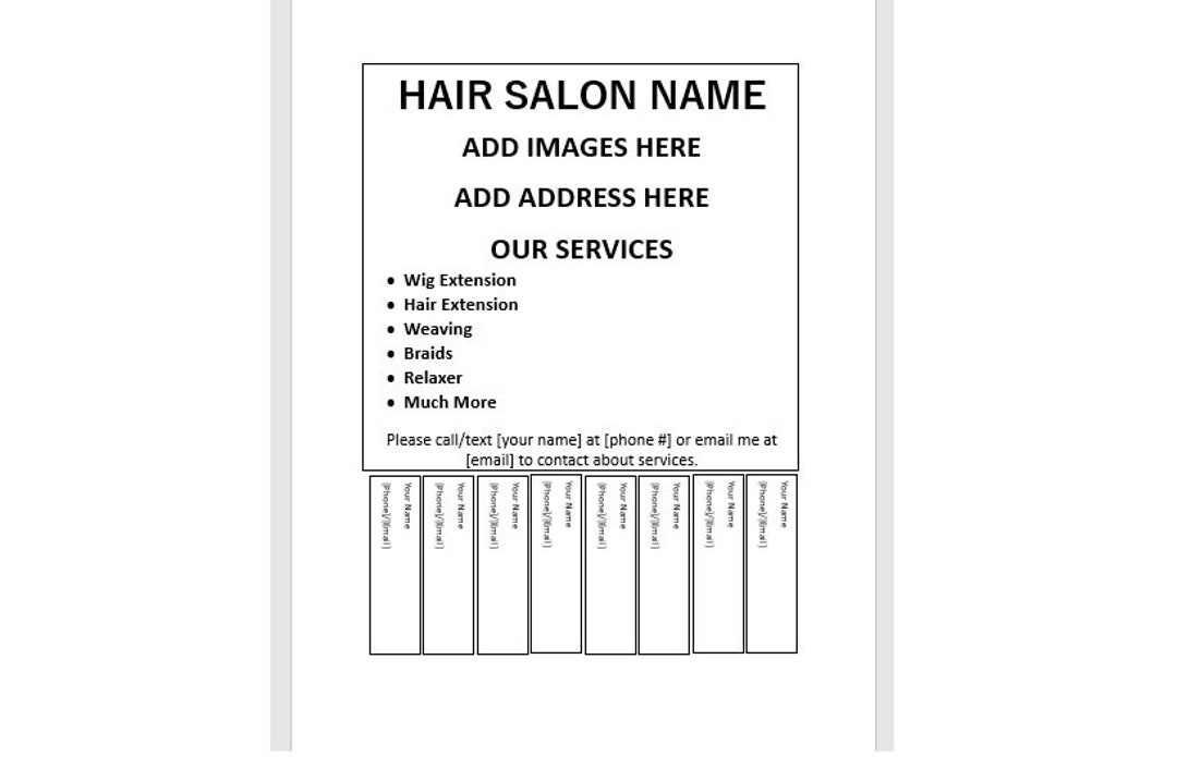 Editable Hair Salon Tear-off Flyer, Hair Salon Services Ad, Tear-off ...