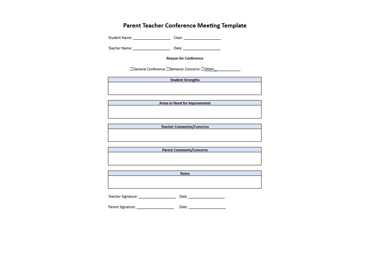 Editable Parent Teacher Conference Meeting Template, Parent Teacher ...