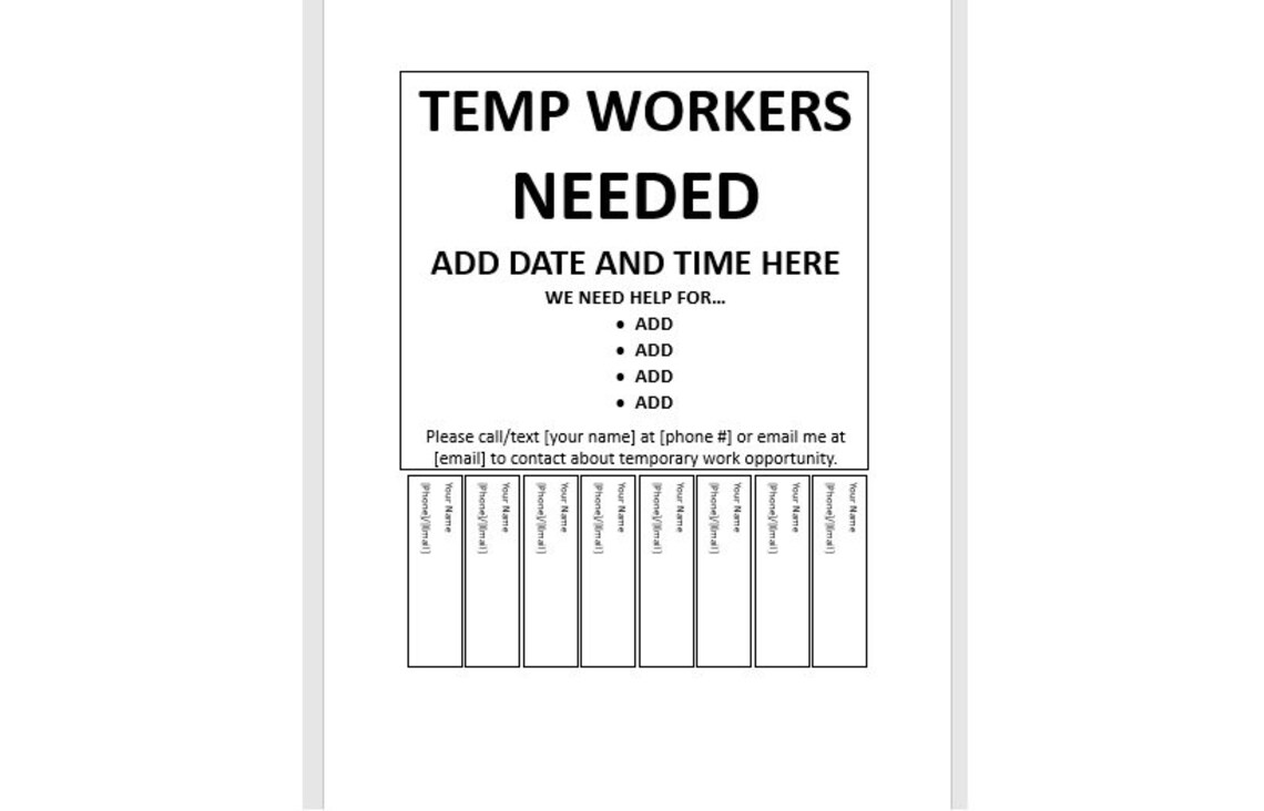 Editable Temporary Workers Needed Tear-off Flyer, Tear-off Flyer ...