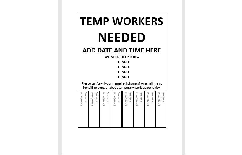 Editable Temporary Workers Needed Tear-off Flyer, Tear-off Flyer ...