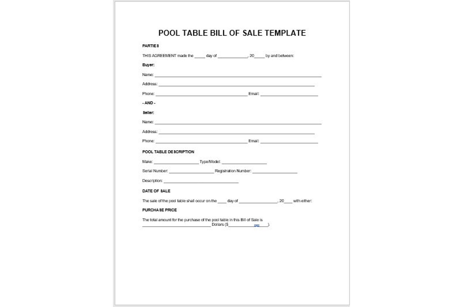 Editable Pool Table Bill of Sale Template, Editable Bill of Sale, Bill ...