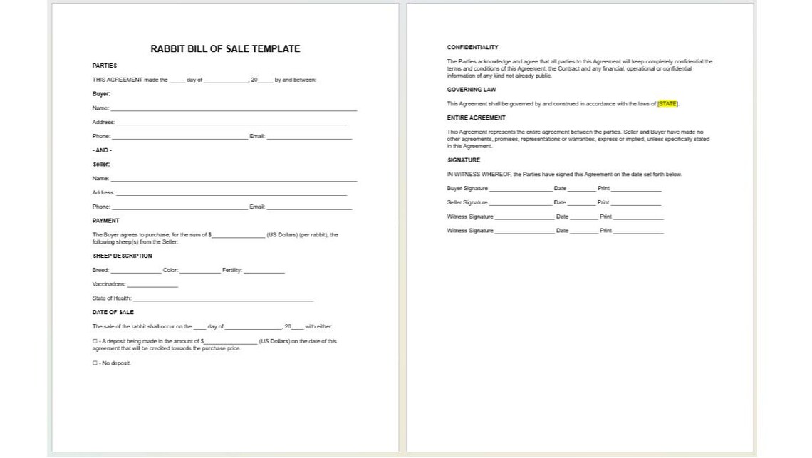 Editable Rabbit Bill of Sale Template, Editable Bill of Sale, Bill of ...