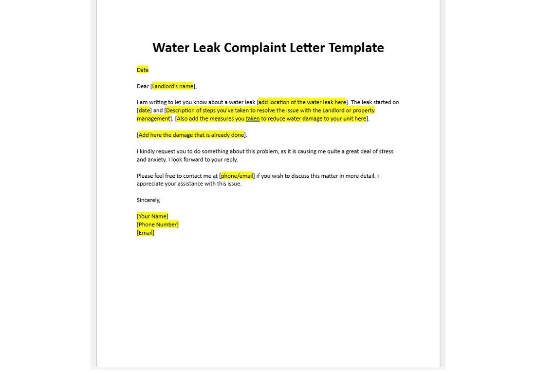 Editable Water Leak Complaint Letter to Landlord, Water Leak Complaint ...