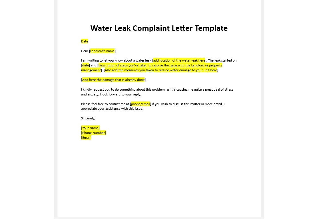 Editable Water Leak Complaint Letter to Landlord, Water Leak Complaint ...