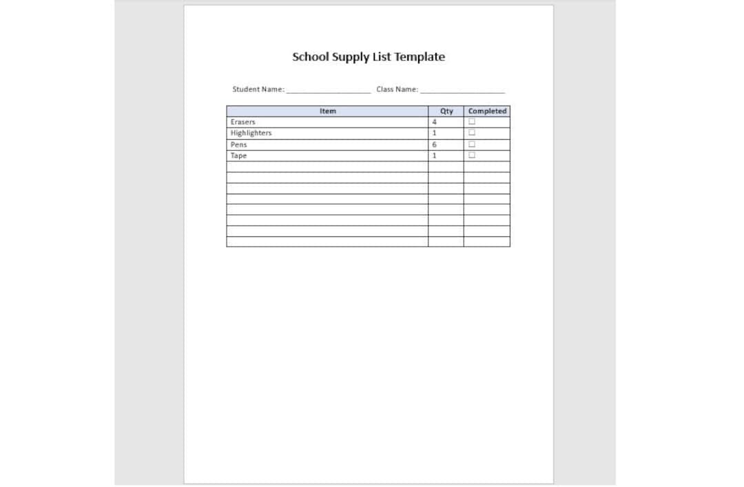 Student School Supply List Template, Student School Supply List Form ...