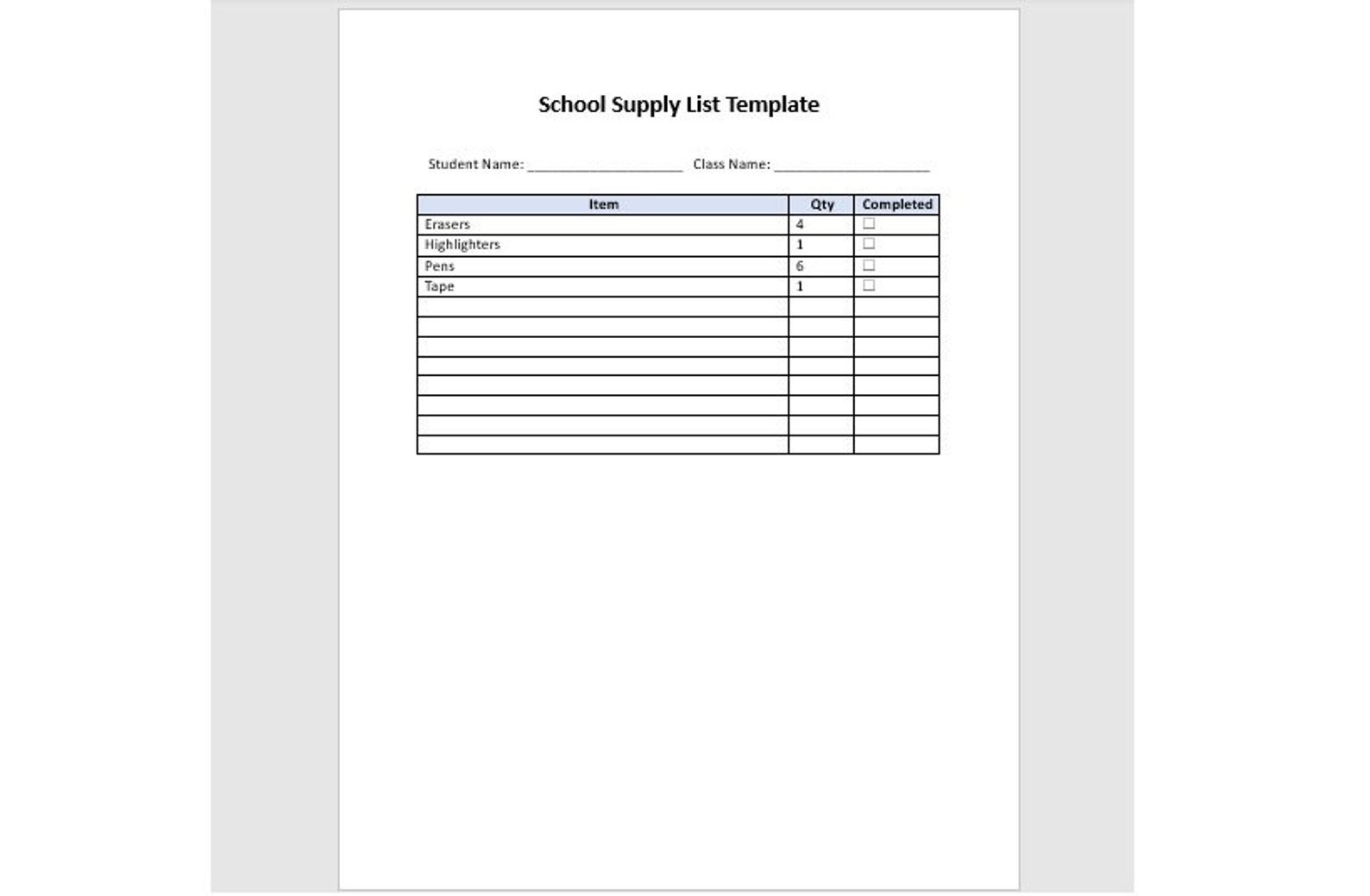 Student School Supply List Template, Student School Supply List Form ...