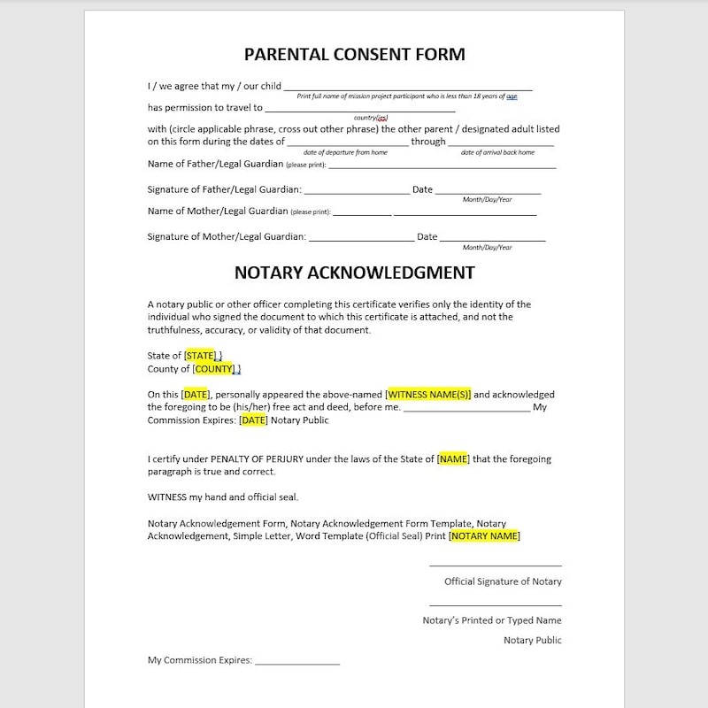 Parental Consent Form Visa Application - Etsy