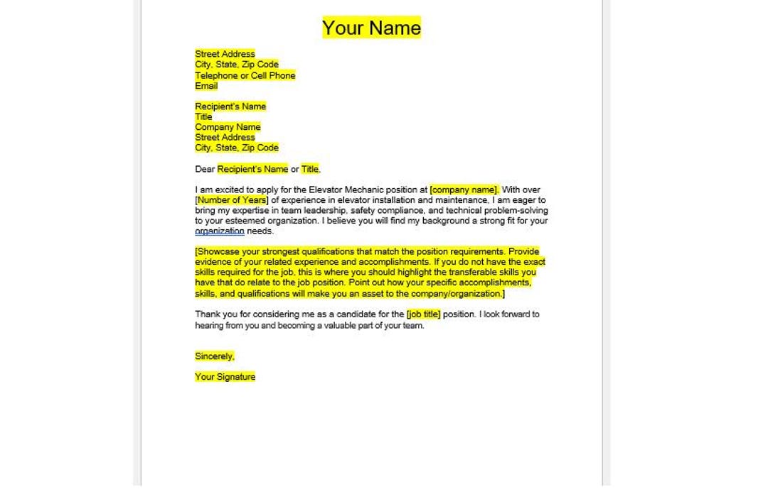Elevator Mechanic Cover Letter, Cover Letter Template, Editable Cover ...