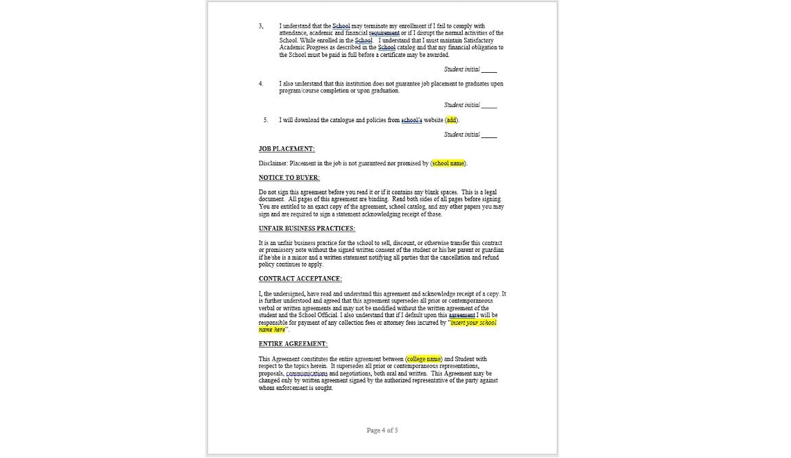 Editable Student Enrollment Agreement Template, Enrollment Agreement ...