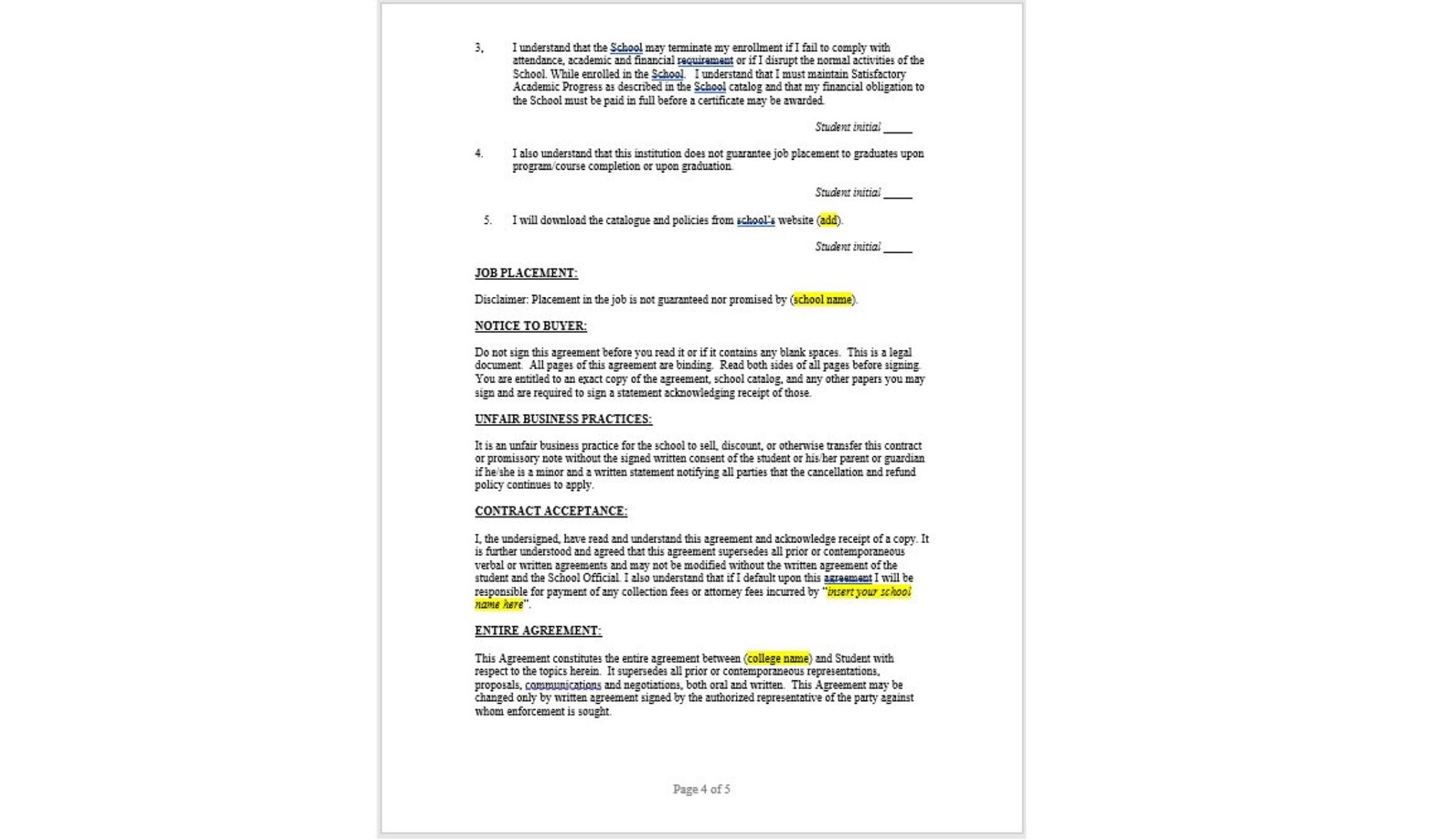 Editable Student Enrollment Agreement Template, Enrollment Agreement ...