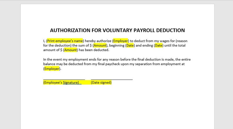 Authorization for Payroll Deduction, Authorization for Payroll ...