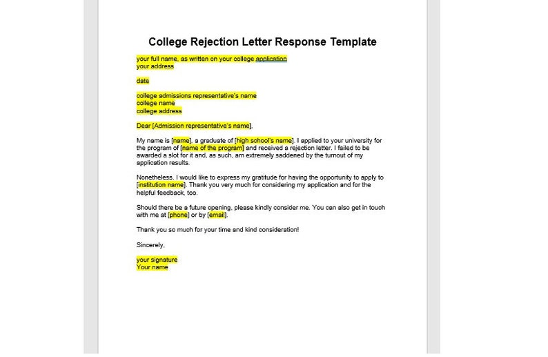 College Rejection Letter Response Template, Rejection Letter Response ...