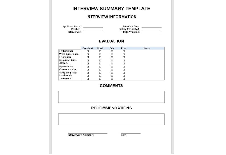 Job Interview Summary Template, Job Interview Summary Sheet, Interview ...