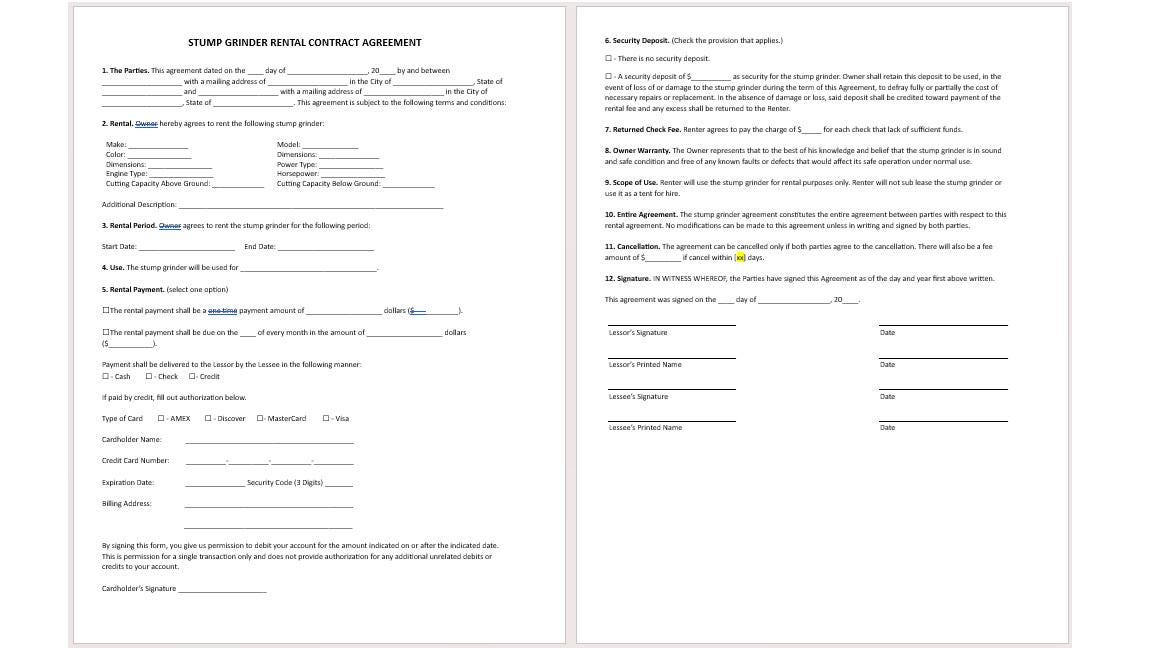Editable Stump Grinder Rental Contract Agreement, Stump Grinder Rental ...
