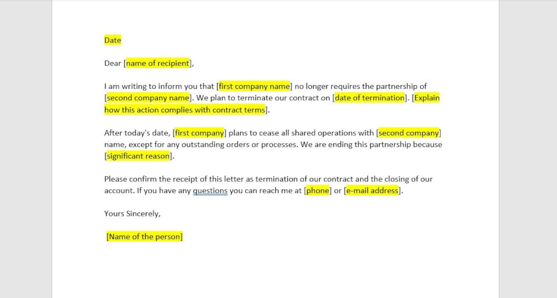 Notice of Contract Termination Letter, Contract Termination Letter ...