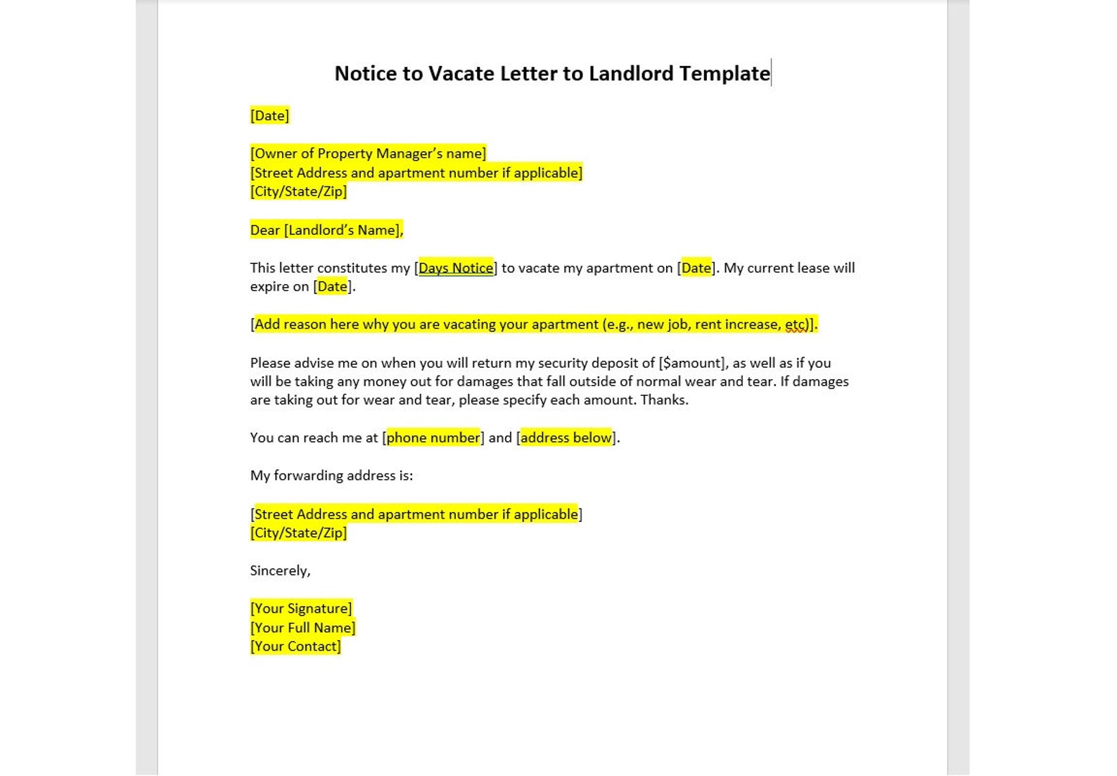 Notice to Vacate Letter to Landlord Template, Notice to Vacate Letter ...