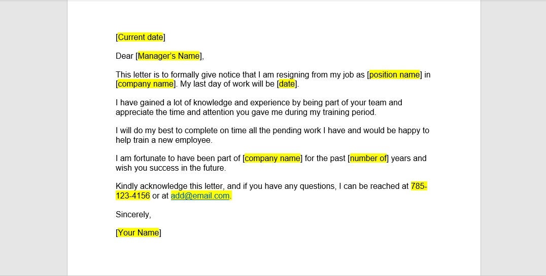 Letter For Job Resignation
