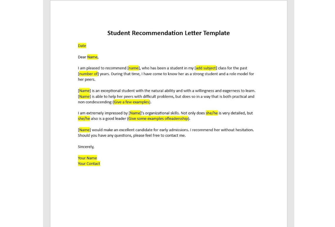 Student Recommendation Letter, Student Recommendation Letter Template ...