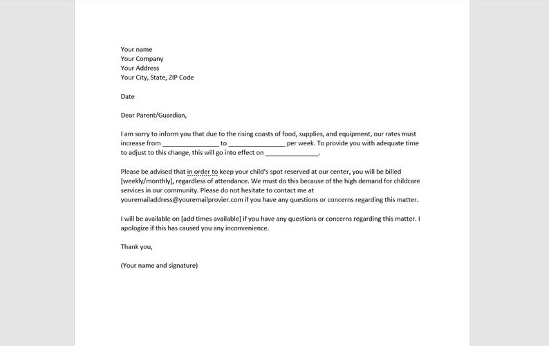 Daycare Tuition Rate Increase Letter Template, Daycare Tuition Rate ...