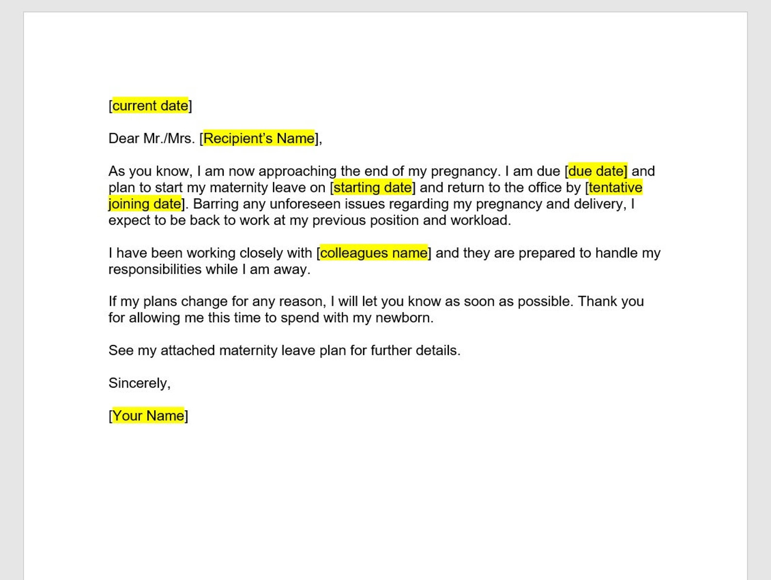 Maternity Leave Letter Template, Maternity Leave Letter, Maternity ...