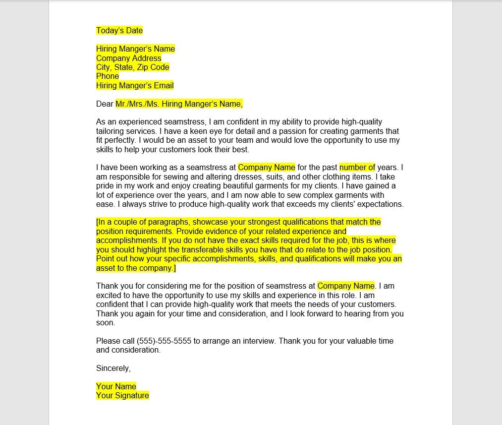 Seamstress Cover Letter, Seamstress Cover Letter Template, Editable ...