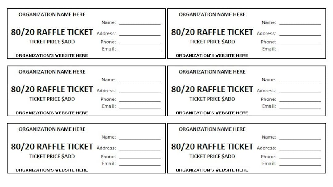 Editable 80/20 Raffle Ticket, 80/20 Raffle, Enter to Win Printable ...