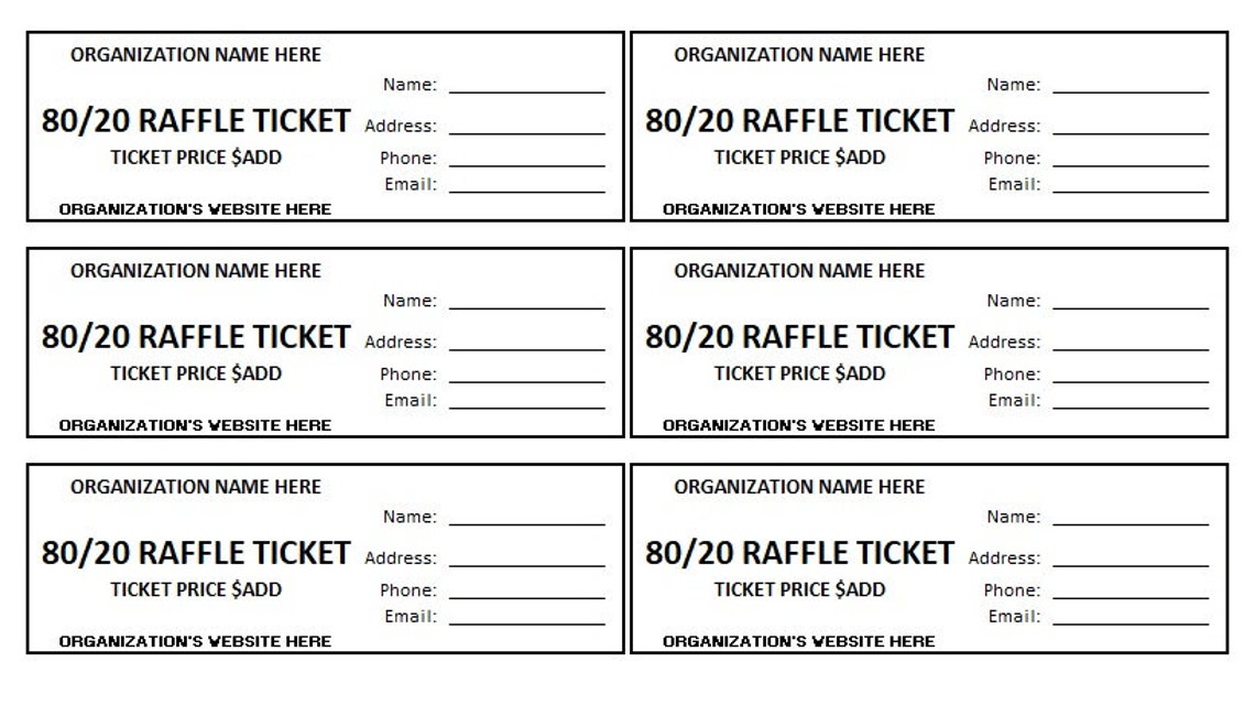Editable 80/20 Raffle Ticket, 80/20 Raffle, Enter to Win Printable ...