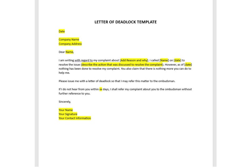 Editable Deadlock Letter Template, Deadlock Letter Template, Deadlock ...