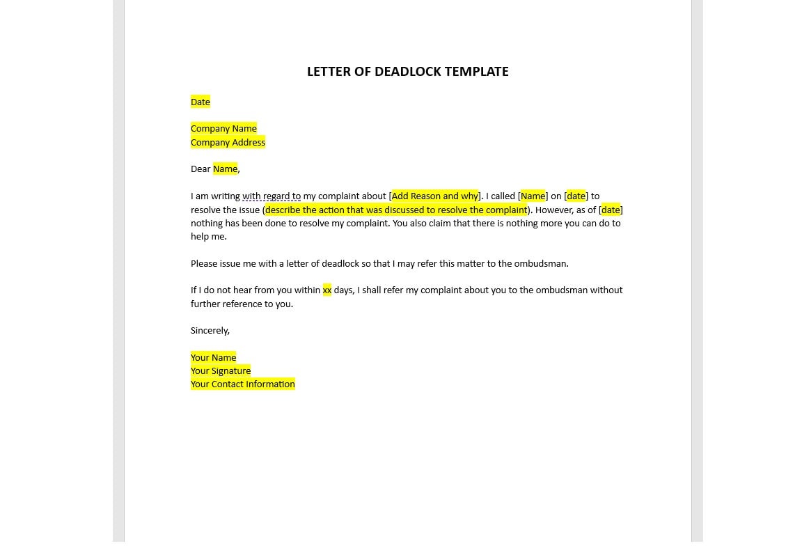 Editable Deadlock Letter Template, Deadlock Letter Template, Deadlock ...